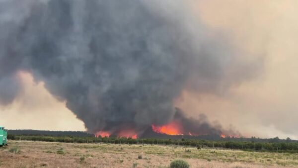 Vortex forms over Deer Creek Fire, damaging structures and fire engine